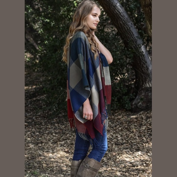 Sweaters | Boho Plaid Fringe Ruana Poncho Wrap Red Navy | Poshmark